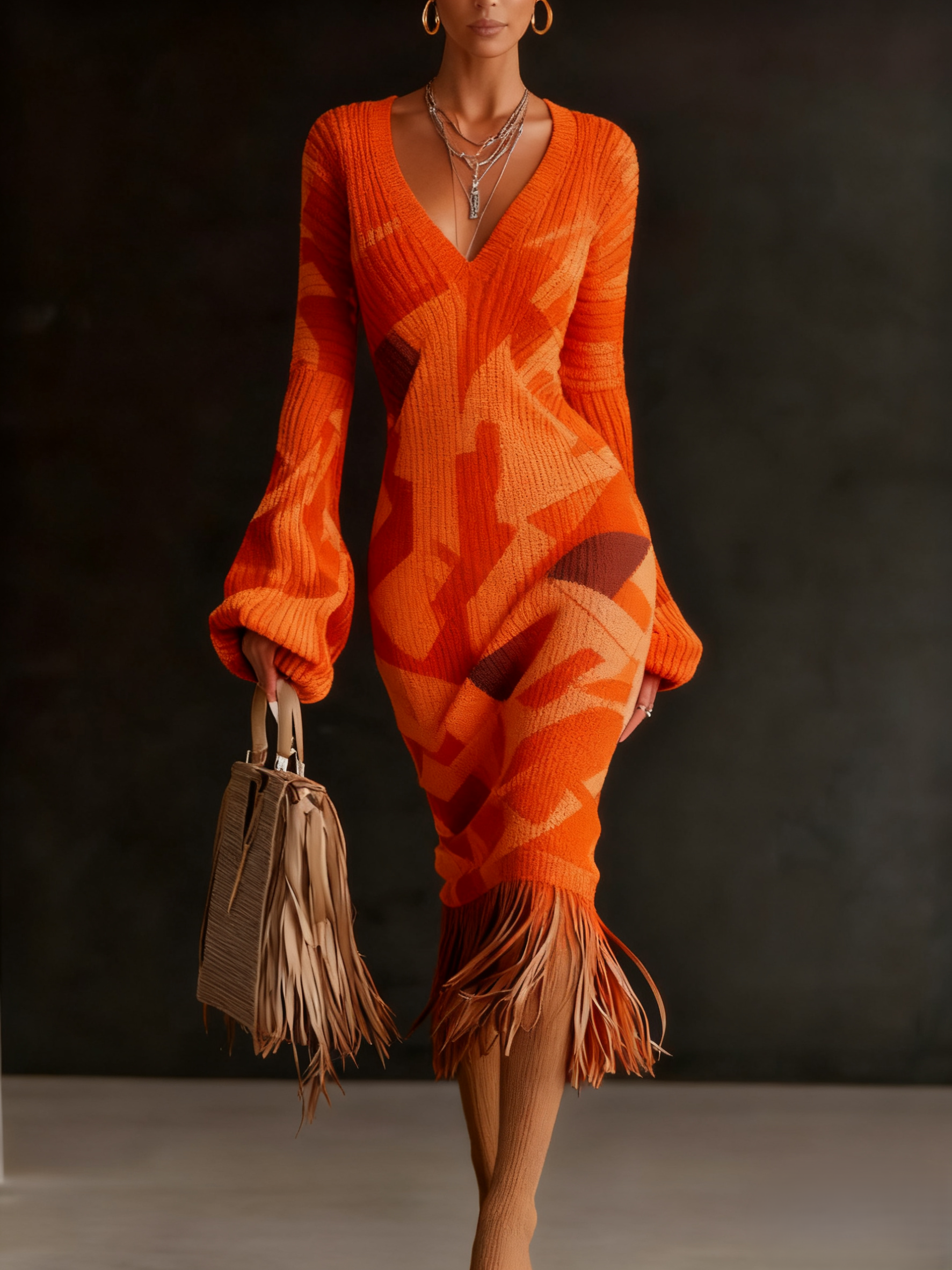 Fringe Hem Midi Knit Dress