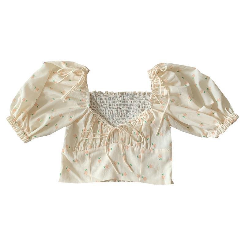 FRESH FLORAL DRAWSTRING PLEATED PUFF SLEEVE TOP