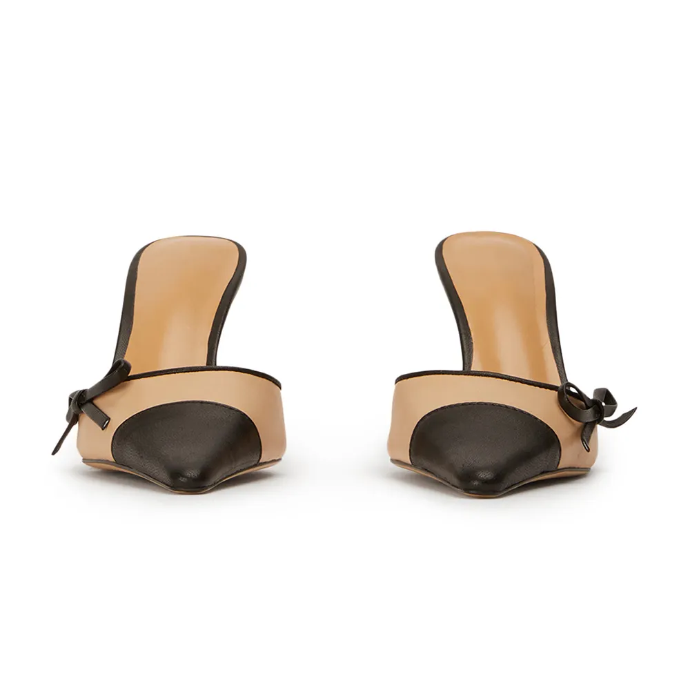 Black & Beige Two-Tone Pointed Toe Bow Embellished High Heel Mules