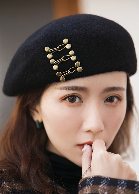 FineGina Unique New Black Rivet Decorated Woolen Beret Hat