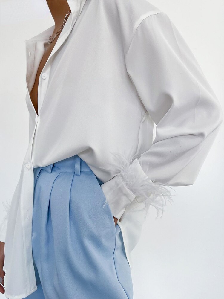 Wongn Feather Cuffs Elegant Women Feather Shirts Rose Pink Oversized ...