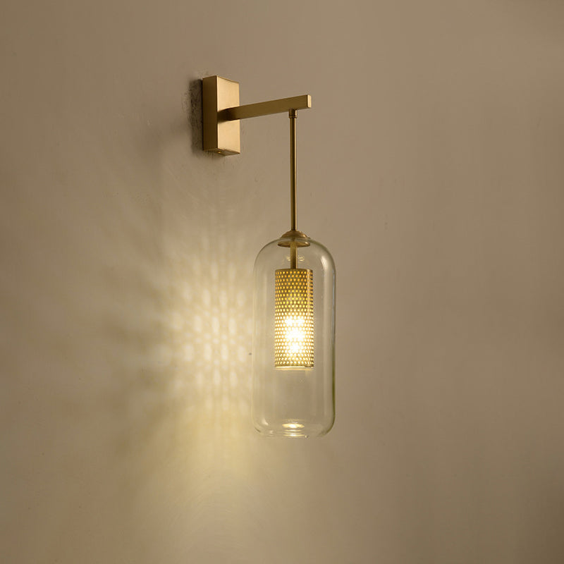Golden Cylinder Wall Lamp with Clear Glass Sconce - Simple Bedroom