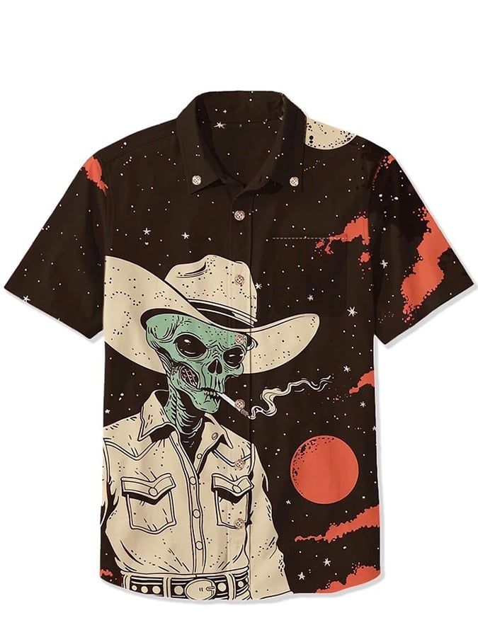 Men'S Smoking Alien Cowboy Print Shirt