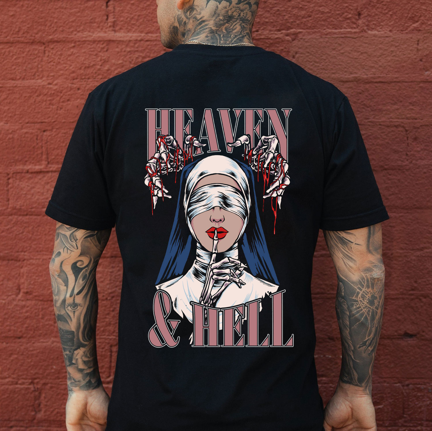 MOTOSUNNY HEAVEN & HELL Evil Nun Graphic Black Print T-shirt