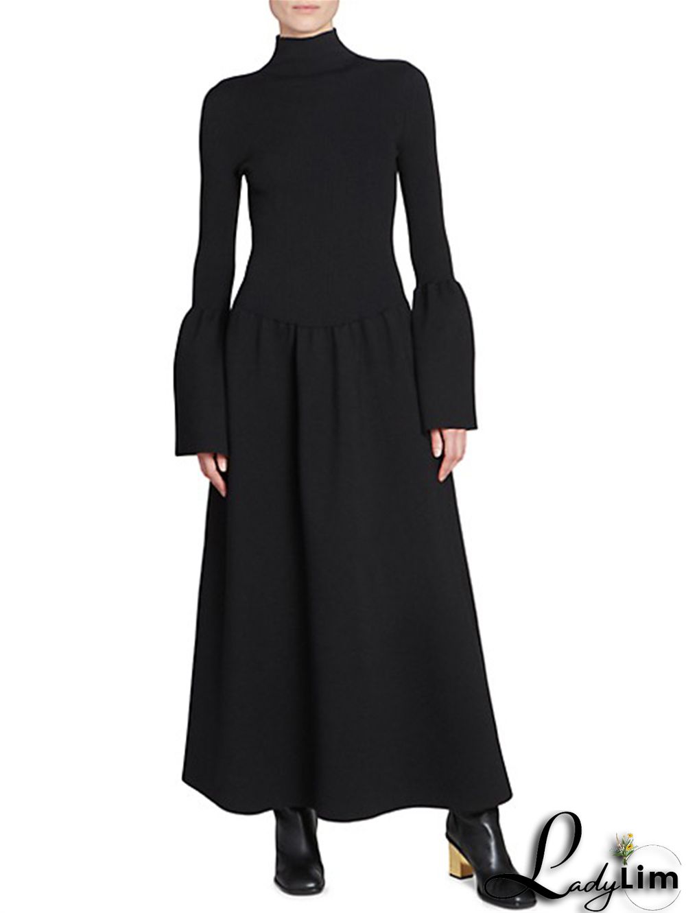 Daily Stand Collar Long Flare Sleeve A-Line Solid Maxi Dress - Ladylim