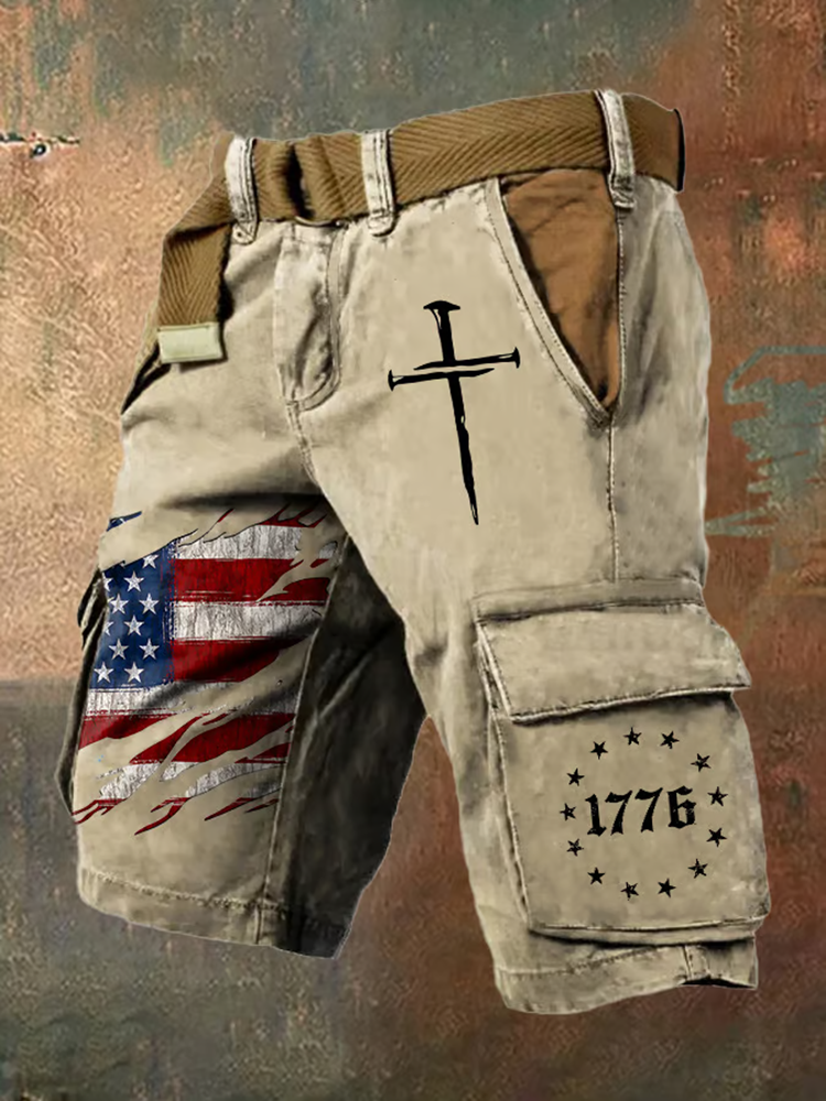 Men's Vintage Independence Day Flag 1776 print Cargo Shorts
