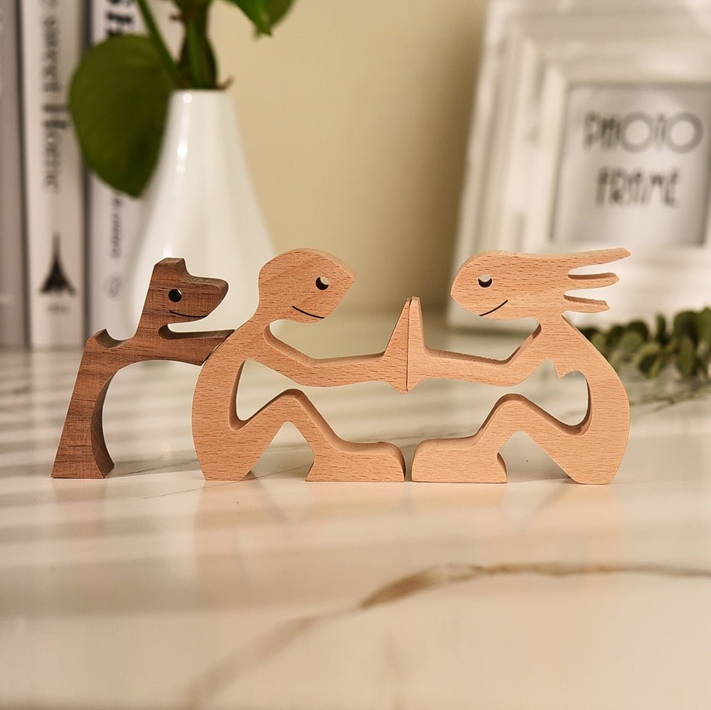 Family Puppy Wood Dog Craft Figurine Desktop Table Ornament Carving ...