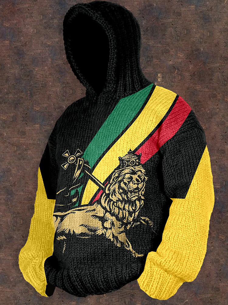 Comstylish Vintage Reggae Color Matching Lion Hooded Cozy Sweater