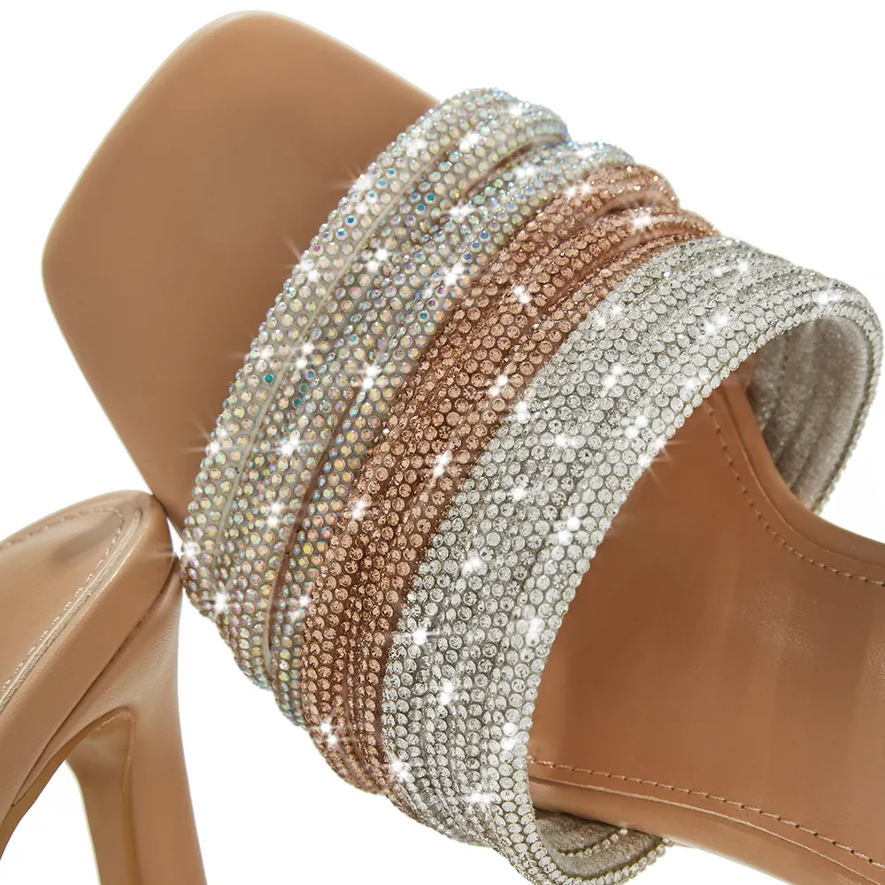 Beige Opened Square Toe Rhinestone Strappy Mules With Stiletto Heels