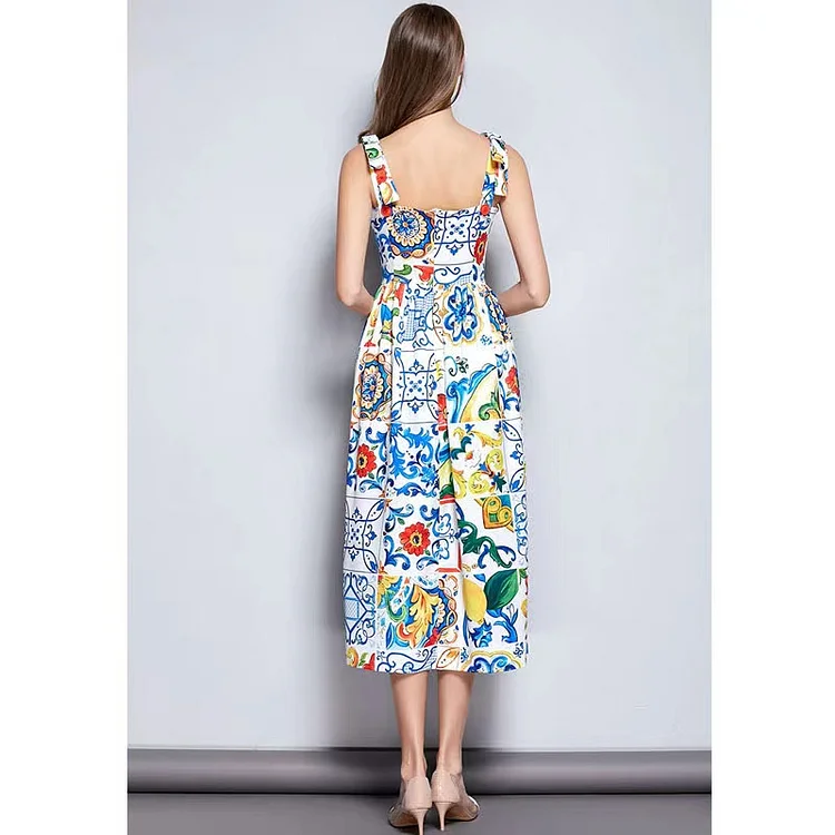 Shirred Back Vintage Bowknot Shoulder Dress