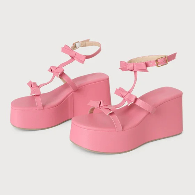 Pink Strappy Bow Platform Office Wedge Sandals; Vdcoo
