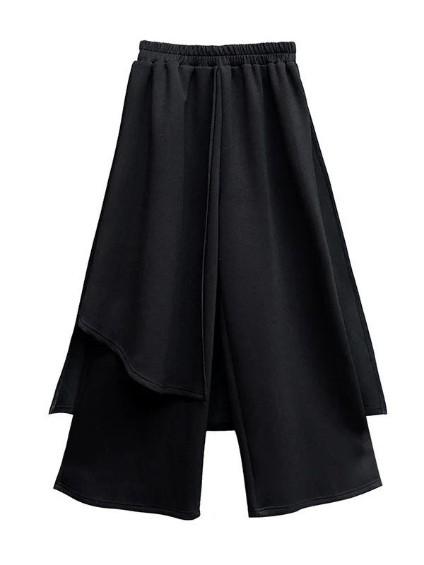 Irregular Elastic Waist Wide Leg Solid Color Pants