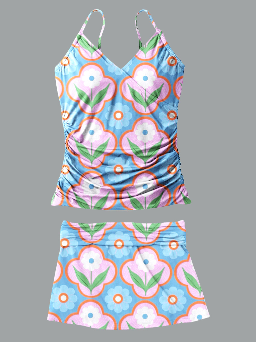 V-Neck Retro Hippie Floral Print Suspender Skirt Tankini Pantskirt Set ...