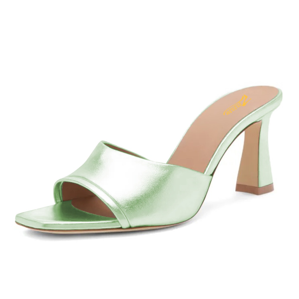 Mint Green Metallic Open Square Toe Flared Heel Mules Sandals