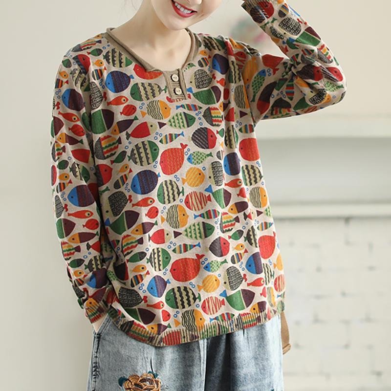 Round Neck Fish Print Knitted T-Shirt