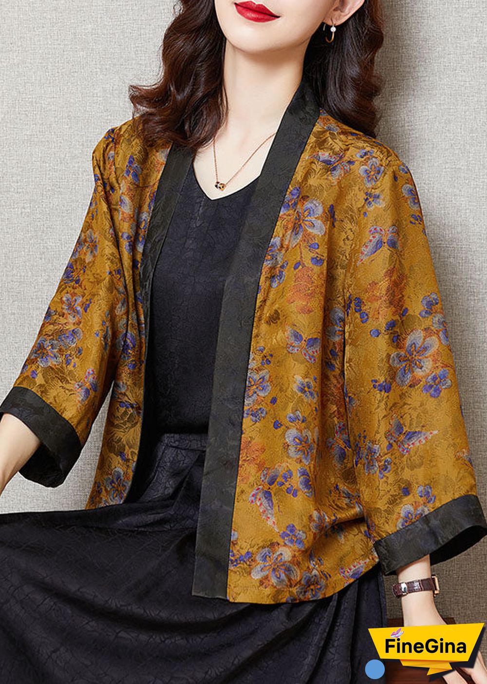 FineGina Plus Size Yellow Print Patchwork Silk Loose Cardigans Bracelet ...