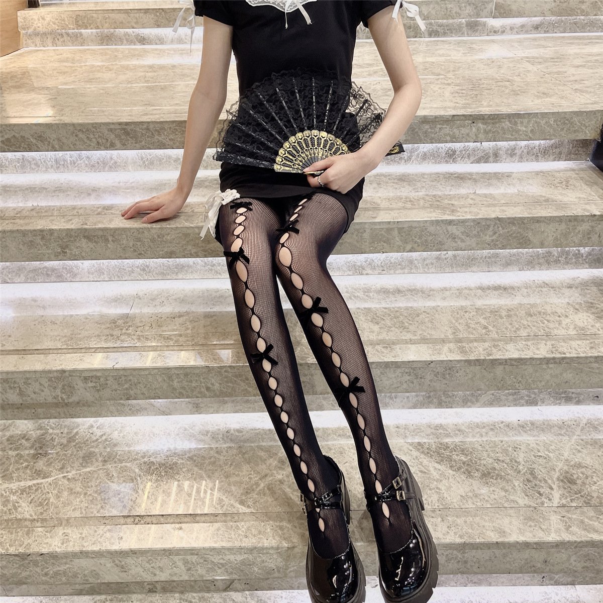 VELVET BOW CUTOUT MESH STOCKINGS