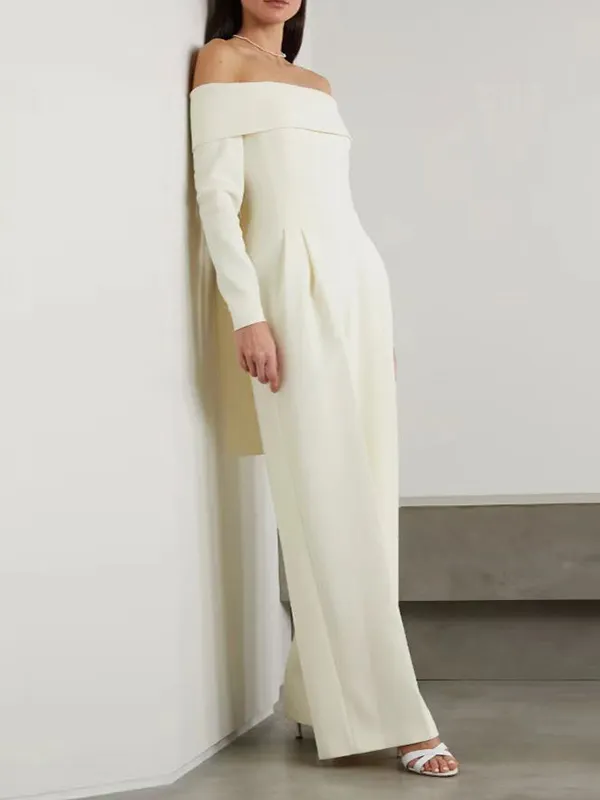 High Waisted Long Sleeves Pleated Solid Color Split-Joint Tied Off-The ...
