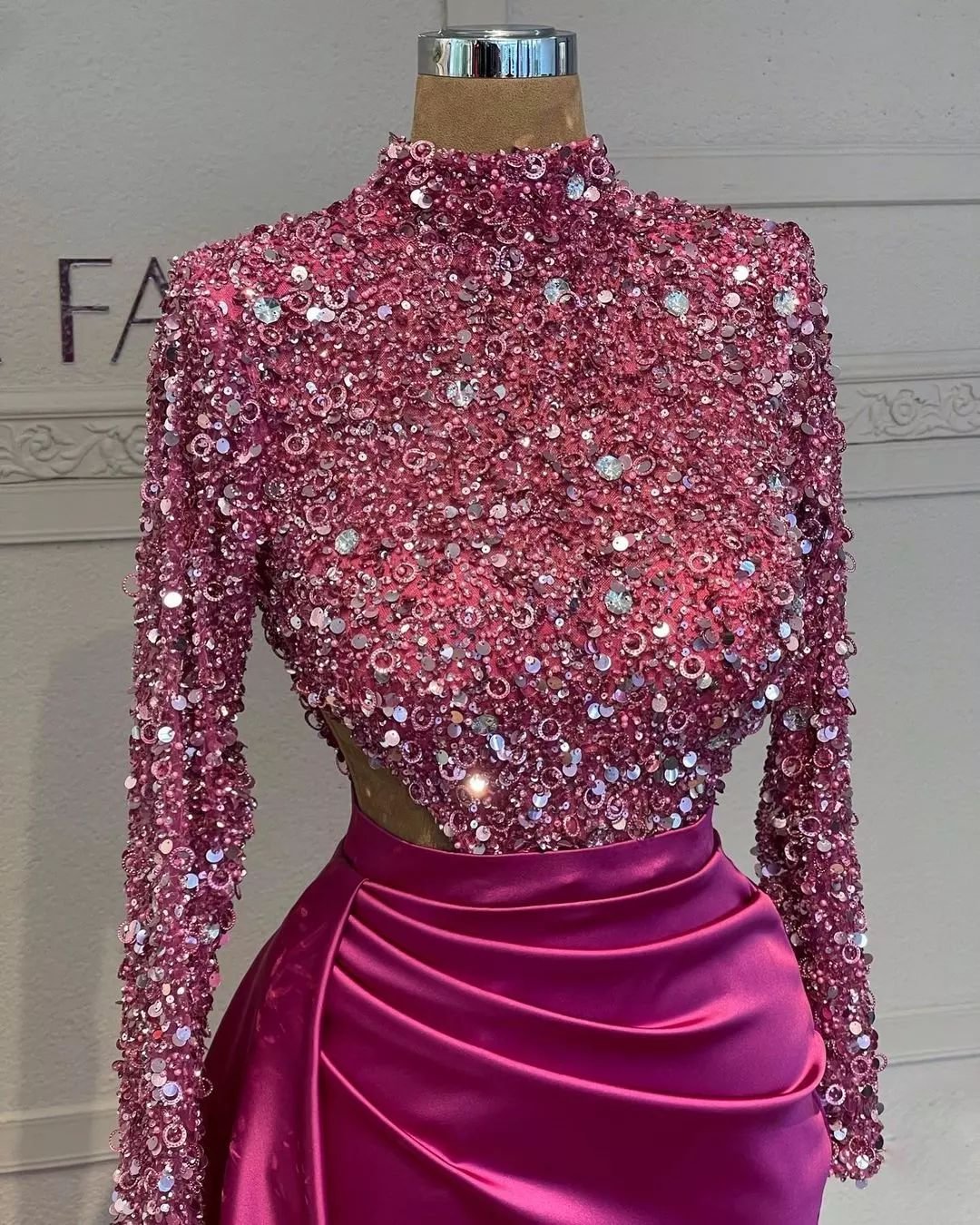 Daisda Sequins Long Sleeve Fuchsia Prom Dress with Split