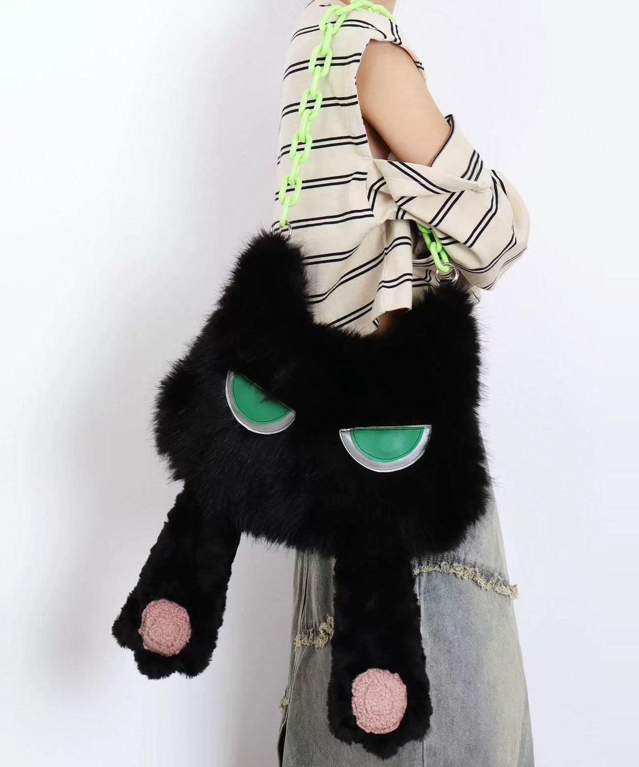 Novelty Black Cat Shaped Fuzzy Fur Fluffy Girls Handbags