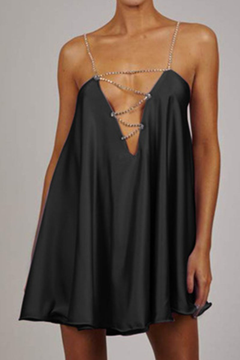 Sexy Solid Split Joint Chains Asymmetrical Spaghetti Strap A Line Dresses