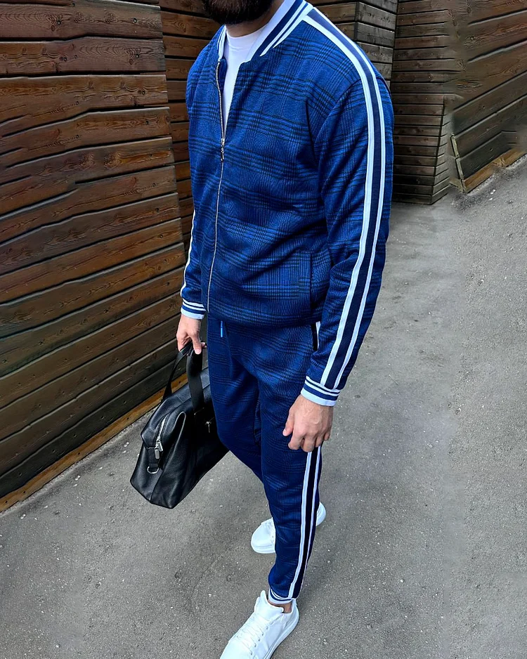 Men's Navy Blue Classic Plaid Tracksuit Full Set -00027