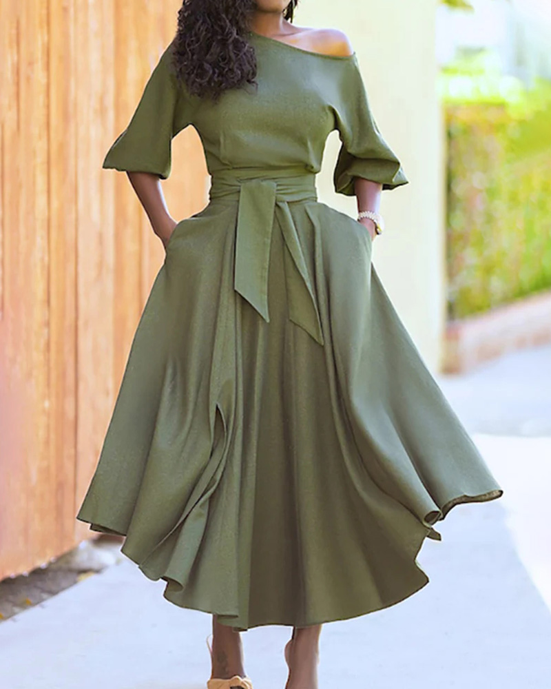Sloping Shoulder Collar Slim Waist Dress