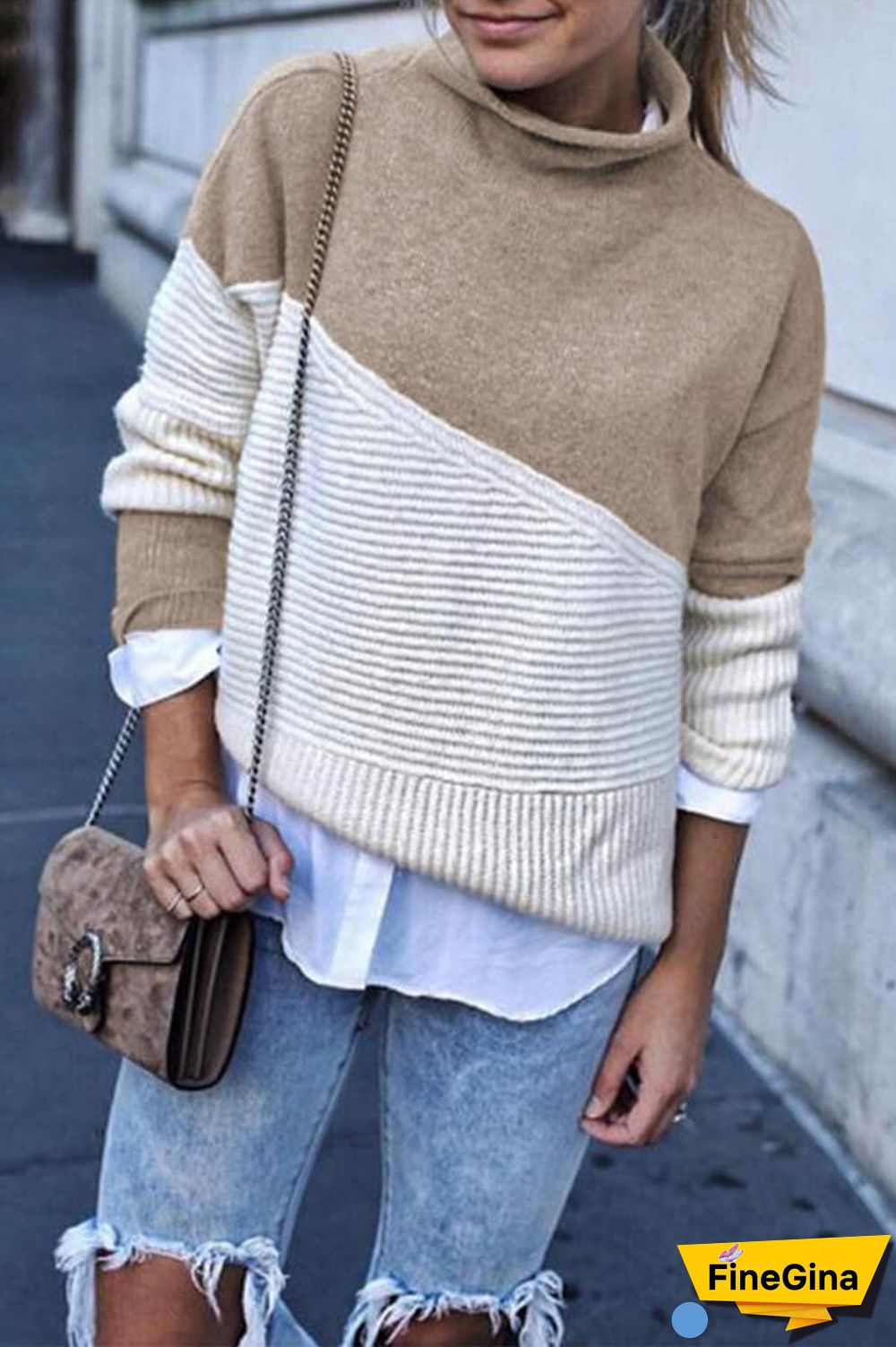 FineGina Irregular Stitching Contrast Sweater (4 Colors) P12394