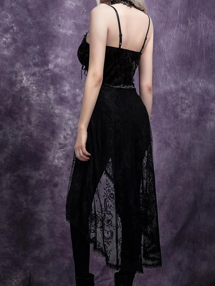 Wongn Dark Lace Bandage Mall Gothic Long Camisole Grunge Aesthetic See Through Bustier Tops