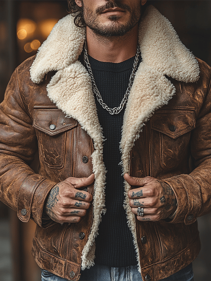 Men's Vintage Suede Patchwork Lamb Fleece Multi-Pocket Reverse Collar ...