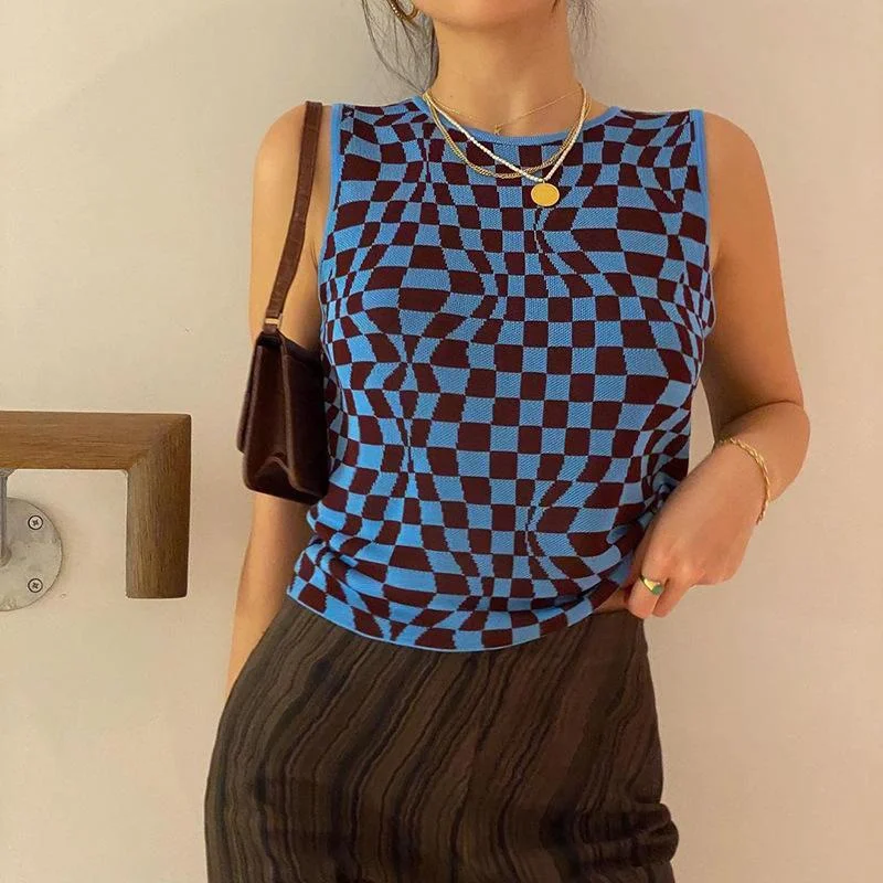 IRREGULAR CHECKERBOARD KNIT TANK TOP