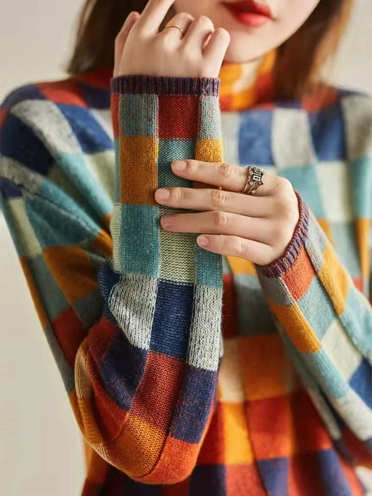 Autumn Checkerboard High Neck Sweater