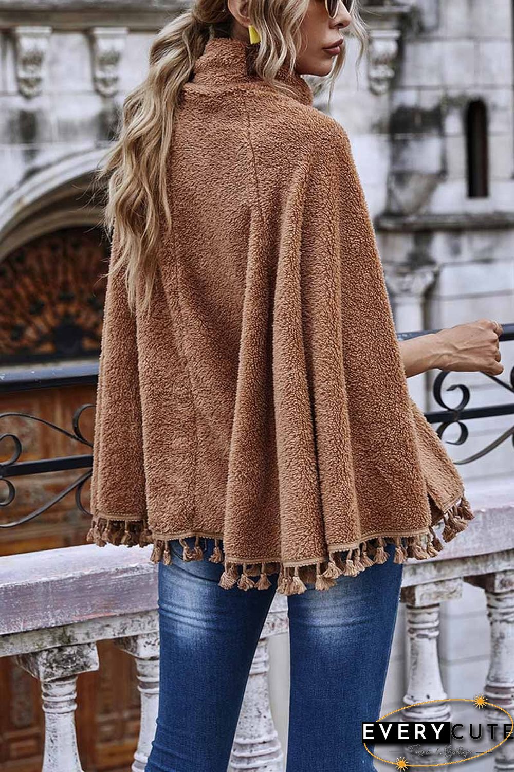 Loose High Neck Cape Coat With Fringed
