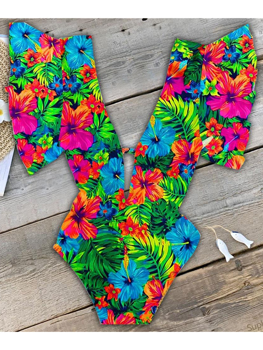 Sexy One Piece Swimwear Floral Deep-V Bathing Suit
