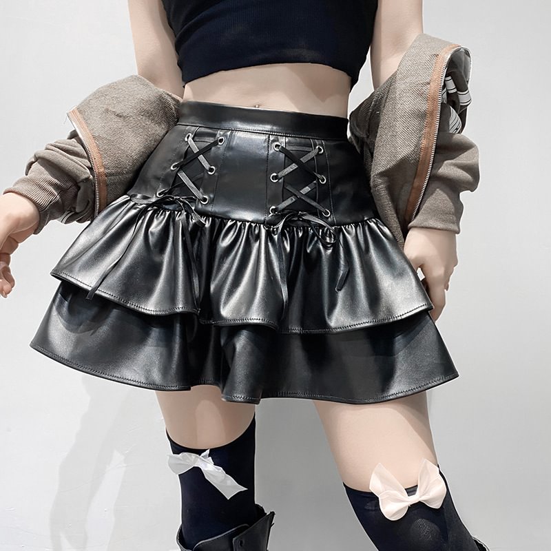 DOUBLE LAYER RUFFLED LACE UP LEATHER SKIRT