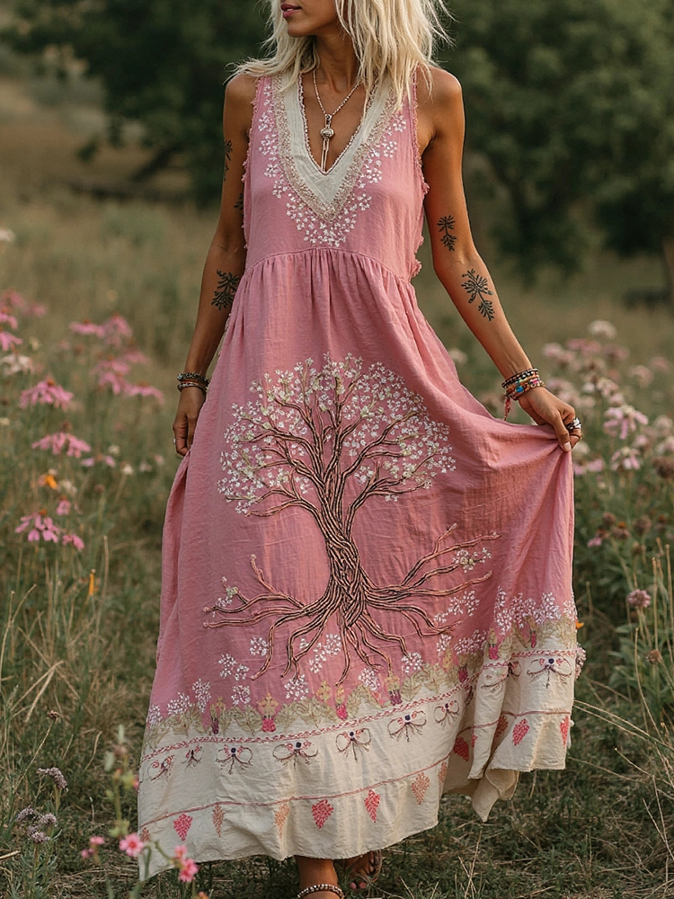 Women's Tree Of Life Pink Ribbon Embroidery V Neck Tank Midi Dress