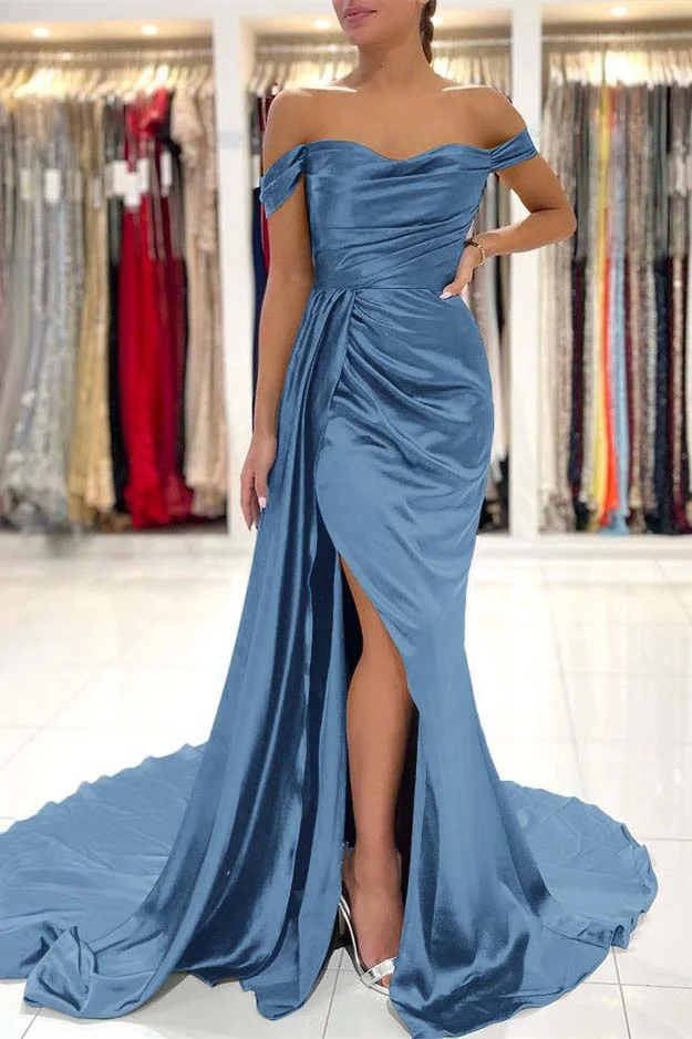 Daisda Mermaid Dark Green Off-the-Shoulder Prom Dress Split With Ruffles