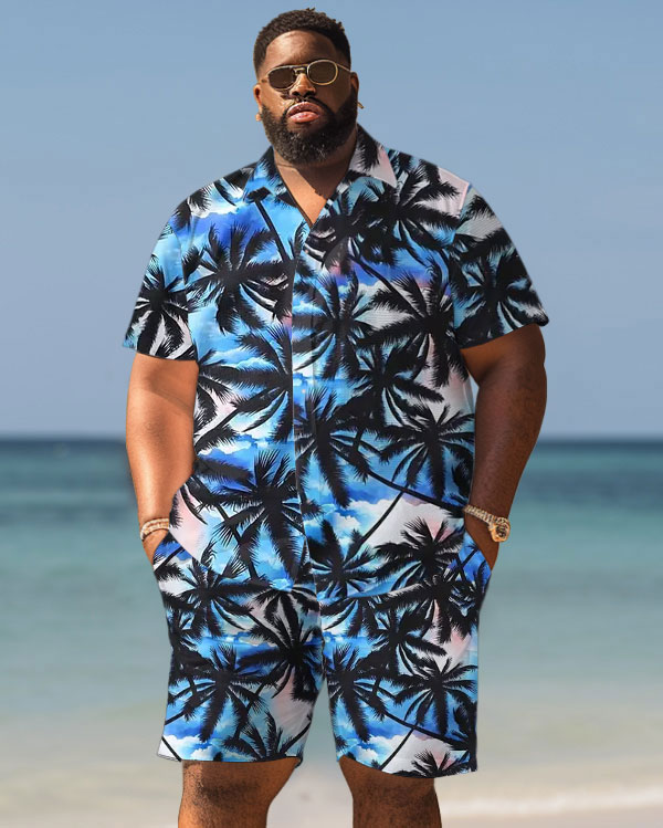 Men's Plus Size Hawaiian Blue Gradient Coconut Tree Print Shirt Shorts Suit