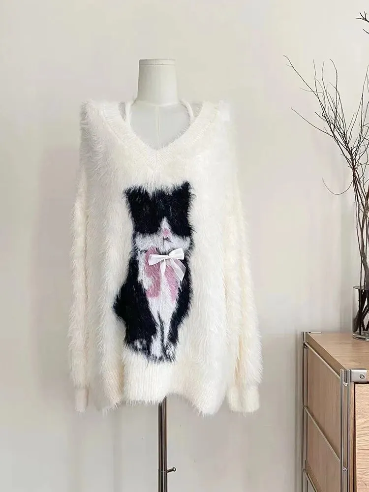 Uveng Korean Fashion Woman Cashmere Sweater Two Pieces Set Oversize ...