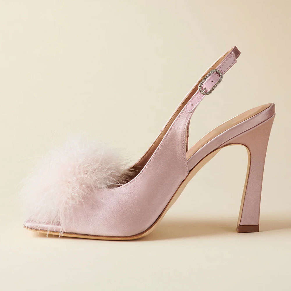 Altair Satin Square Toe Feather Trim Flared Heel Slingback Pumps ...