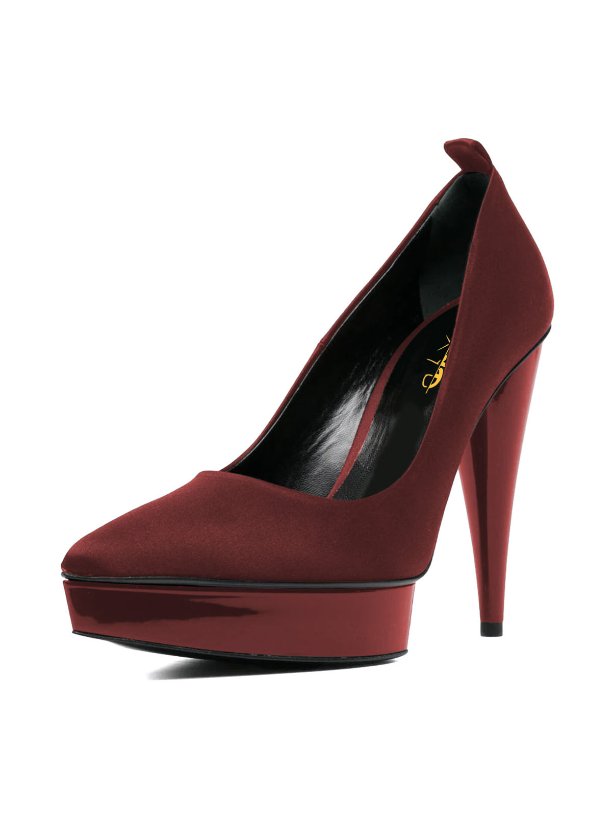 Maroon Satin Pointed Toe Bold Platform Pumps With Stiletto Heels