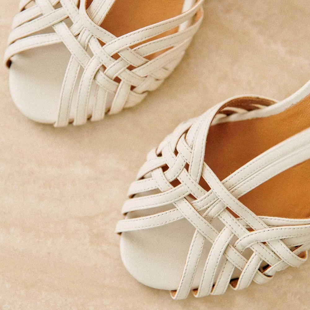 Elegant White Peep Toe Wedding Shoes Caged Strappy Cone Heel Sandals