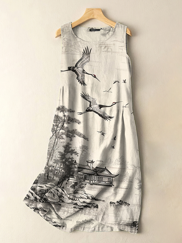 Japanese Vintage Crane Landscape Print Sleeveless Cotton And Linen Midi ...