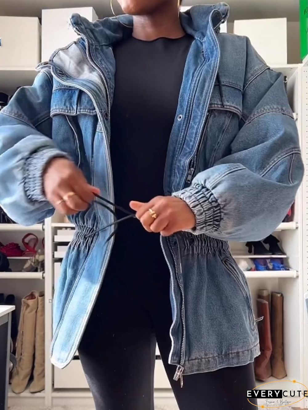 Tooling Denim Jacket With Drawstring And Vertical Collar