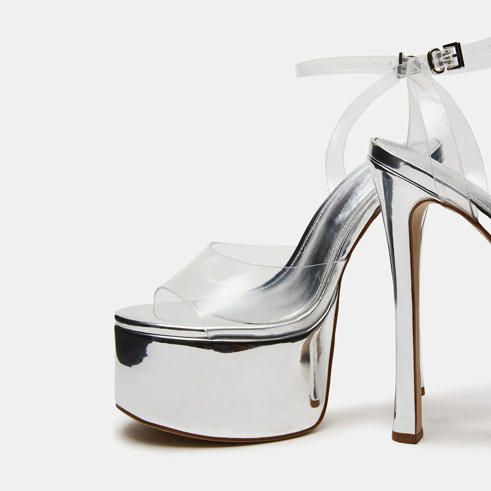 Round Toe Wide Strap Platform Heel Buckled Silver Sandals for Women