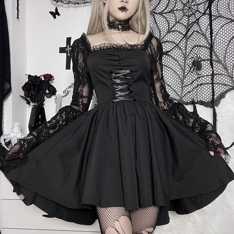 GOTHIC LACE FLARE SLEEVE WAISTED DRESS