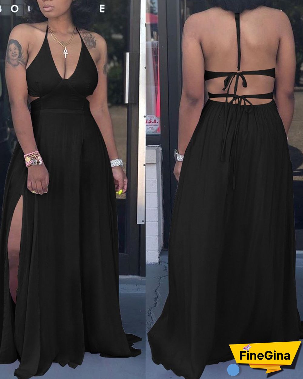 FineGina Halter Backless High Slit Maxi Dress
