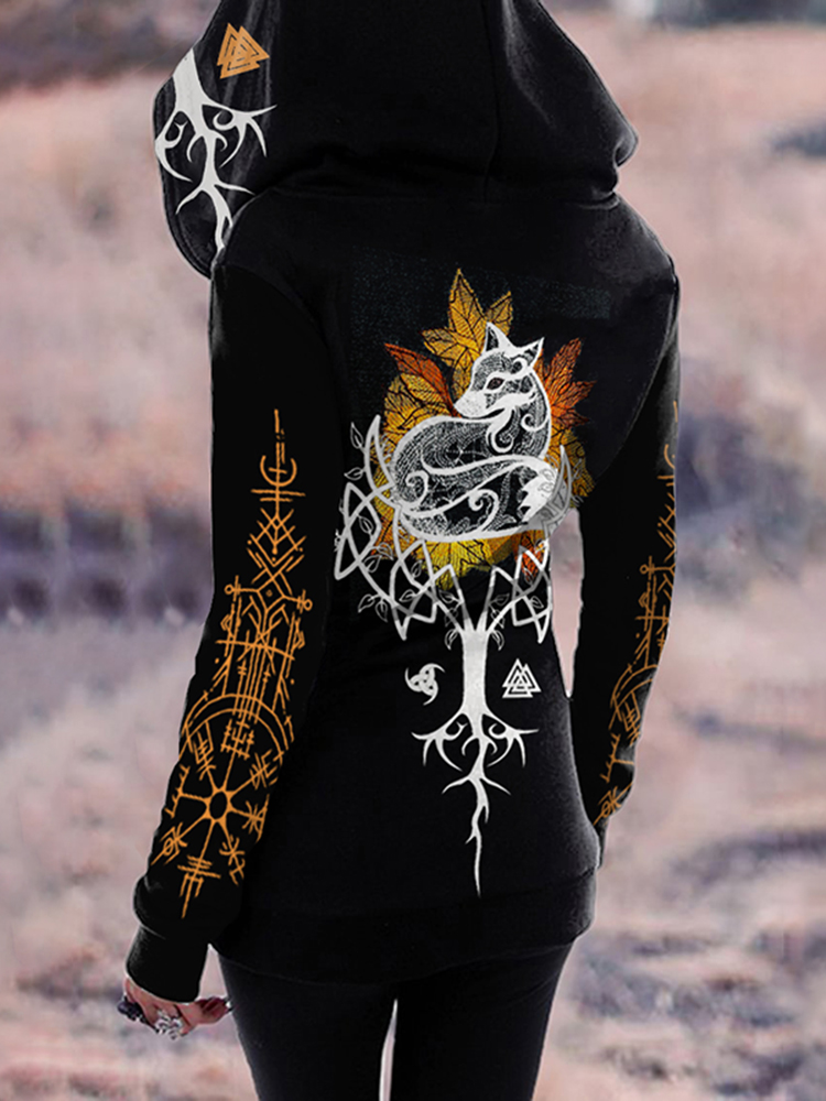 Retro Tribal Fox And Tree Of Life Viking Ethnic Graphics Hoodie