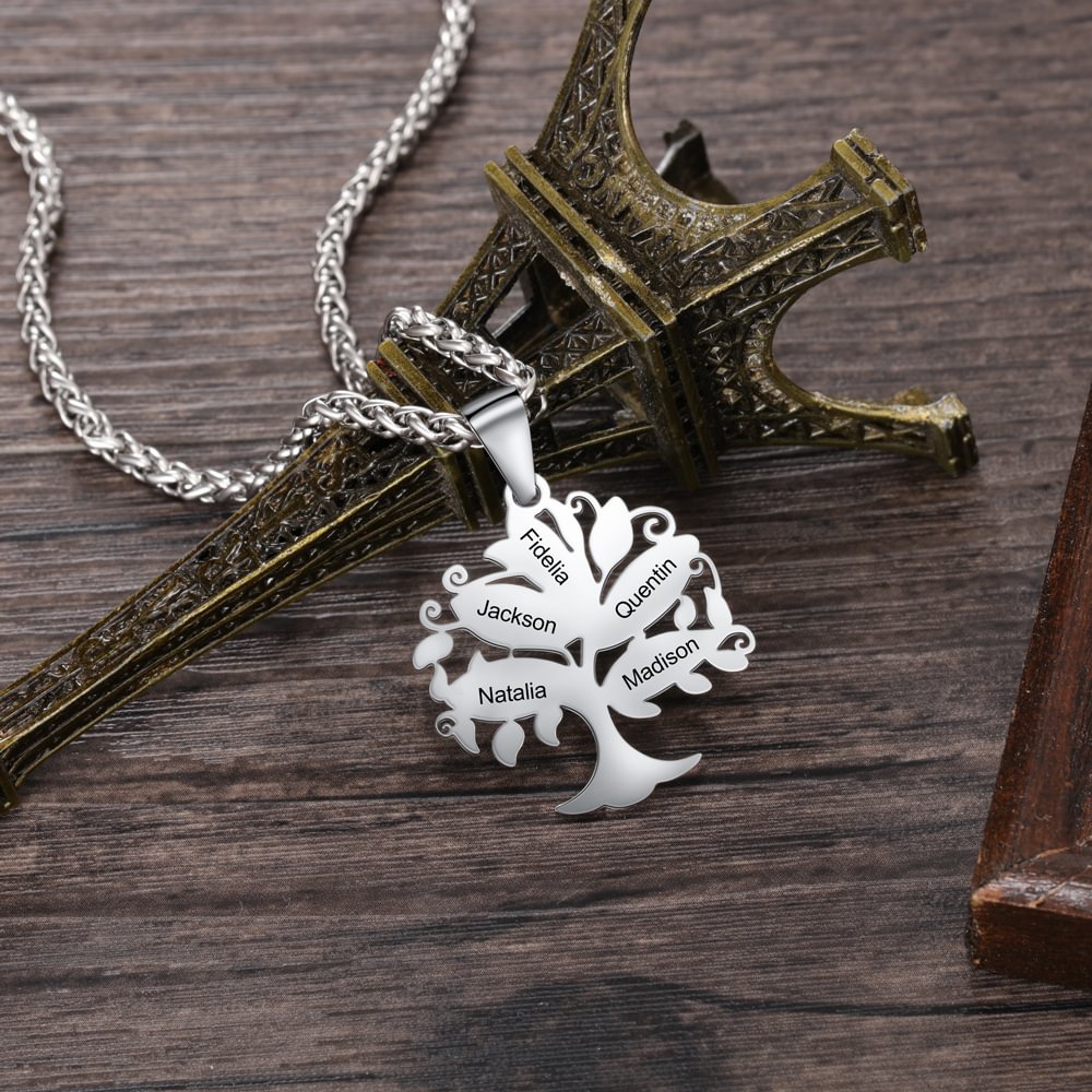 Collier gravé Arbre de Vie Arbre Généalogique 5 Prénom Personnalisé Collier gravé Arbre de Vie Arbre Généalogique 5 Prénom Personnalisé