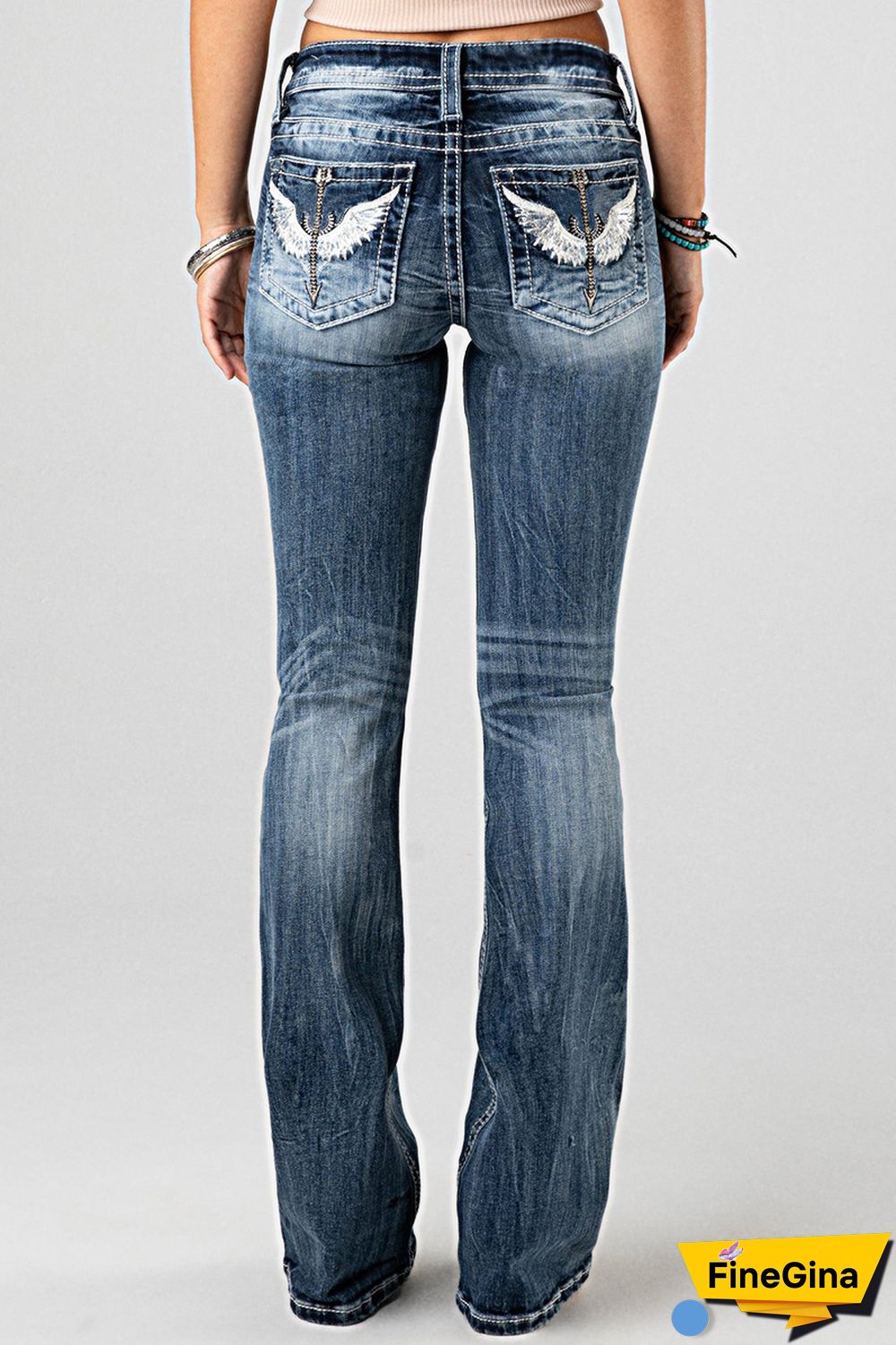 FineGina Wings Embroidered Pocket Detail Mid Rise Bootcut Jeans
